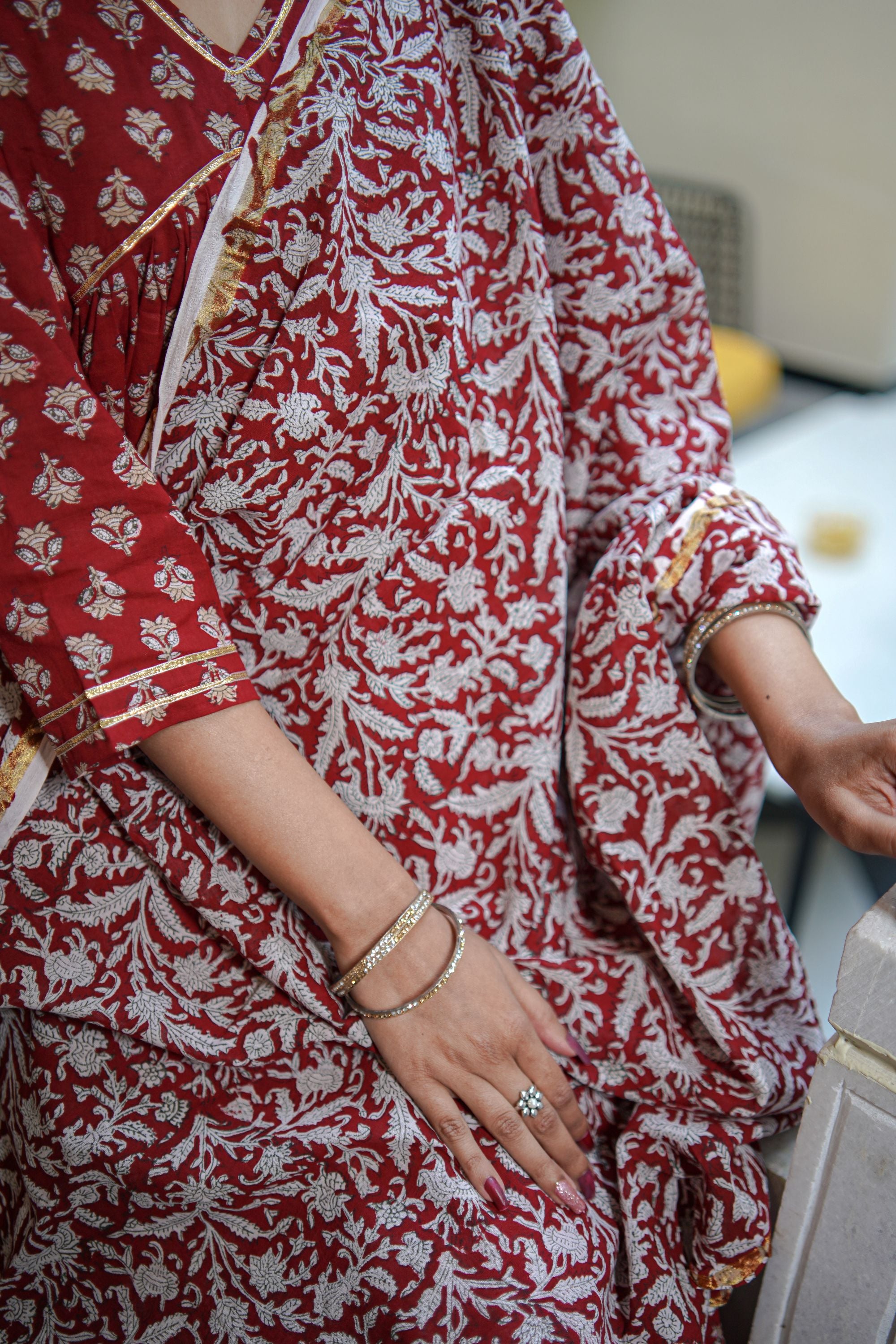 Gulbaano Red Handblock Flared Suit Set – chiyaa.in