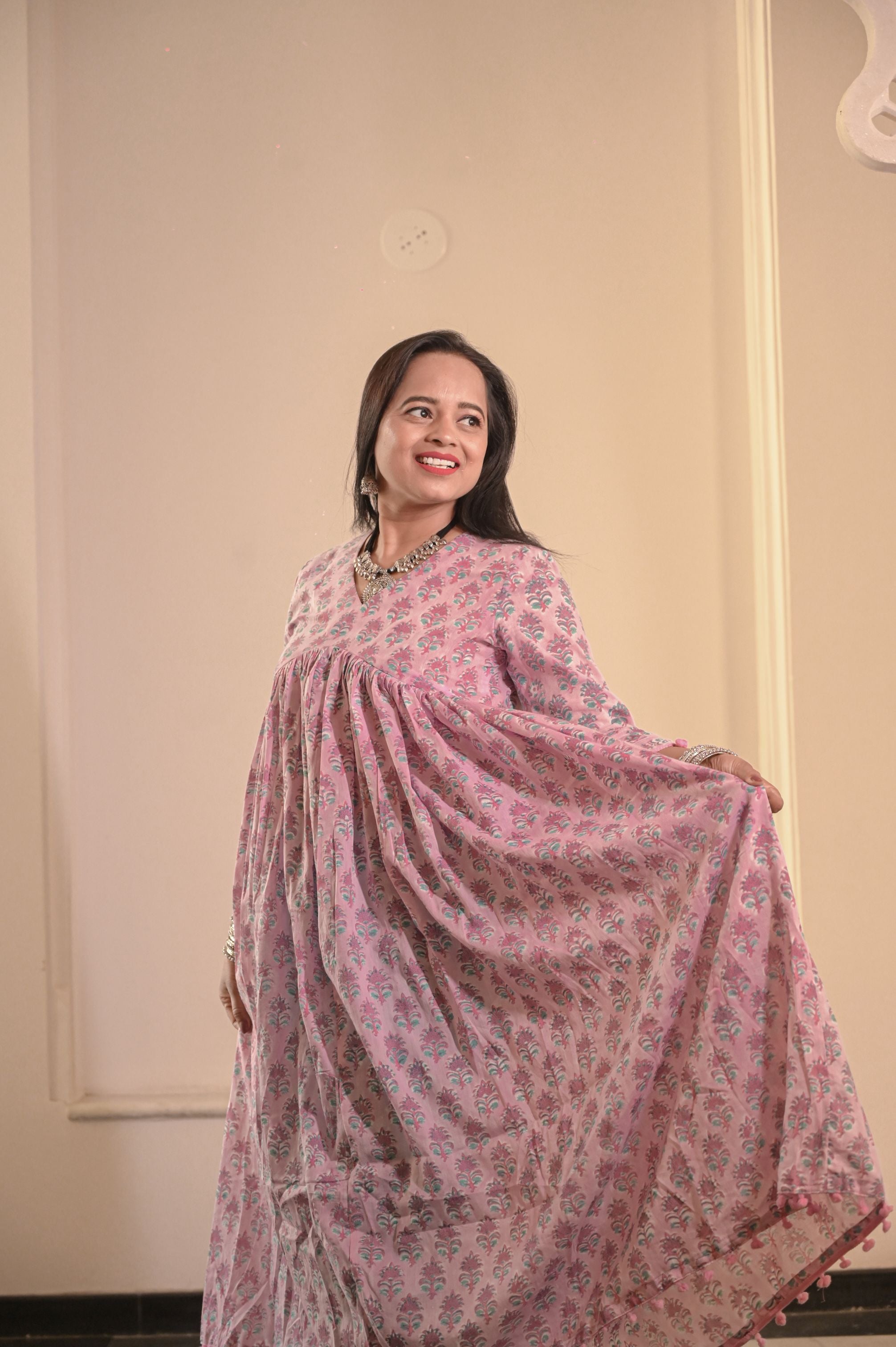 Feriha Lilac Handblock Mulmul Kurta-Pant Set – chiyaa.in